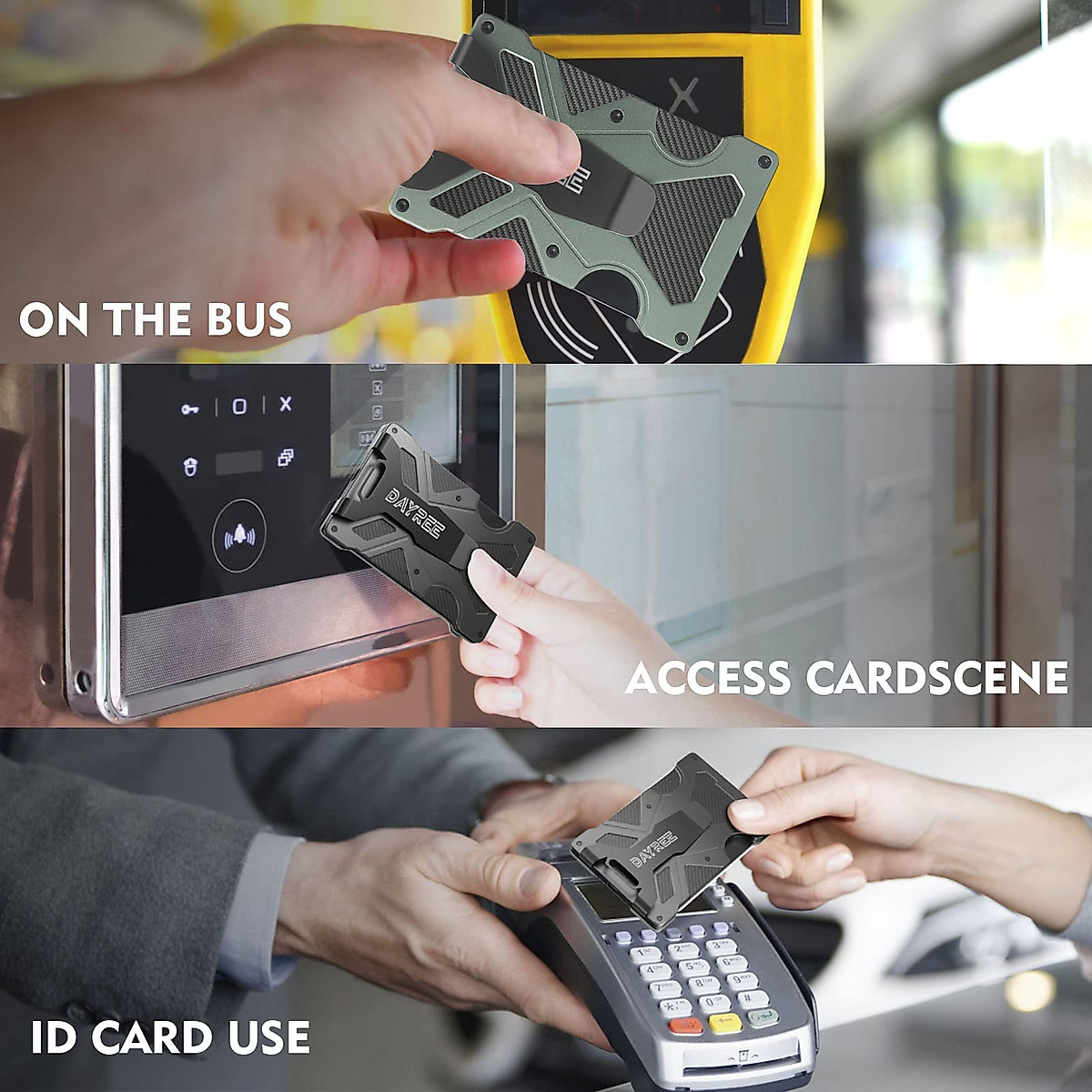 DAYREE Minimalist Wallet for Men Slim Aluminum metal wallet Money Clip with 1 Clear ID Holder,Front Pocket Carbon Fiber RFID Blocking Tactical Wallet for Mens Gift (Black)