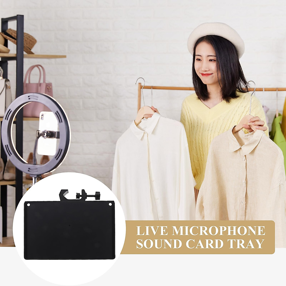 Microphone Stand Clamp- On Utility Shelf Adjustable Table Live Broadcast Mic Stand Phone Clip Holder Rack Music Sheet for Microphone Instrument Accessory Black