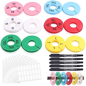 Mardatt 54Pcs Clothing Size Dividers Round Sizing and Blank Divider for Clothes Rack Color-Coding Assortment Kit Including S-XXXL Closet Size Dividers and Blank Dividers w Markers and Adhesive Labels