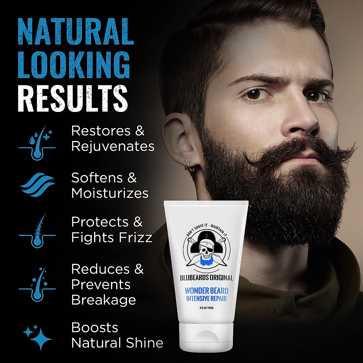 Bluebeards Original Wonder Beard Intensive Repair, 4 oz. - Beard Conditioner for Men with Meadowfoam Seed Oil & Amino Acids to Deeply Restore, Soften, and Rejuvenate Your Beard and Skin - Made in USA