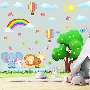 KOKOLAP 3 Sheet Big Tree Animal Wall Stickers,Forest Animal Wall Decal Baby Room Decor,Nursery Wall Decor Sun Wall Stickers Peel and Stick,Elephant Bear Wall Sticker Kids Room Bedroom Classroom Decor