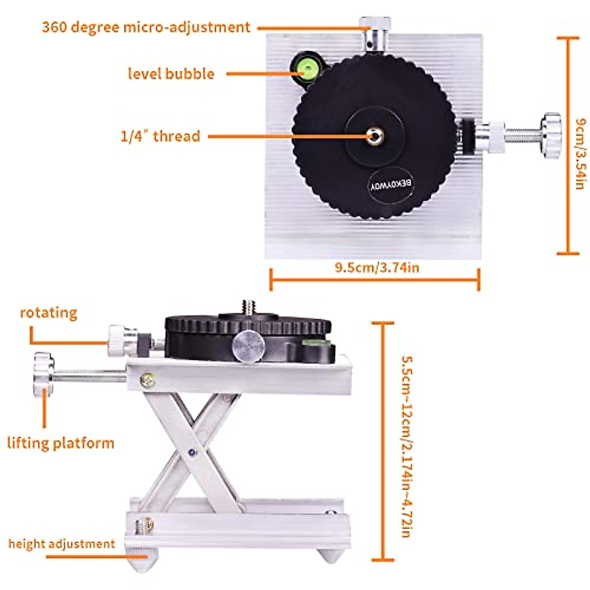 BEKOYWOY 360 Degree 2 in 1 Rotating Base Lifting Platform Laser Level Adapter, 1/4'' and 5/8'' Threaded Mount Aluminum Base, Micro-adjust Horizontal Bubble for Line Laser & Tripod Connector(BW09)