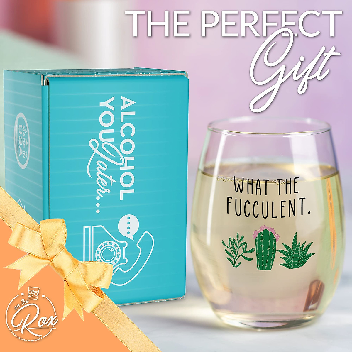 Funny Wine Glass Gift- 17 Oz Stemless Wine Glass (What The Fucculent)