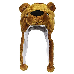 Timiot Cute Plush Animal Character Winter Hat Fun Ski Cap with Detailed Animal Face Long Ear Straps with Pom Pom Ends (Brown Bear)