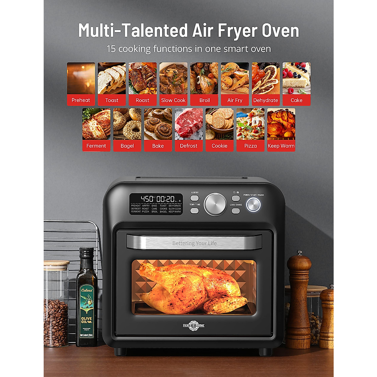 PARIS RHÔNE Air Fryer Oven 19QT, Family-Sized Toaster Oven, Convection Oven with Child Lock, Fits 12-inch Pizza, 6-Slice Toast, Button & Knob-Controlled Kitchen Appliance, Dishwasher Safe (19QT)