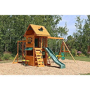 KidKraft Ridgeview Deluxe Clubhouse Wooden Swing Set / Playset with Café Table and Stools, Monkey Bars, Swing and Rock Wall, Gift for Ages 3-10