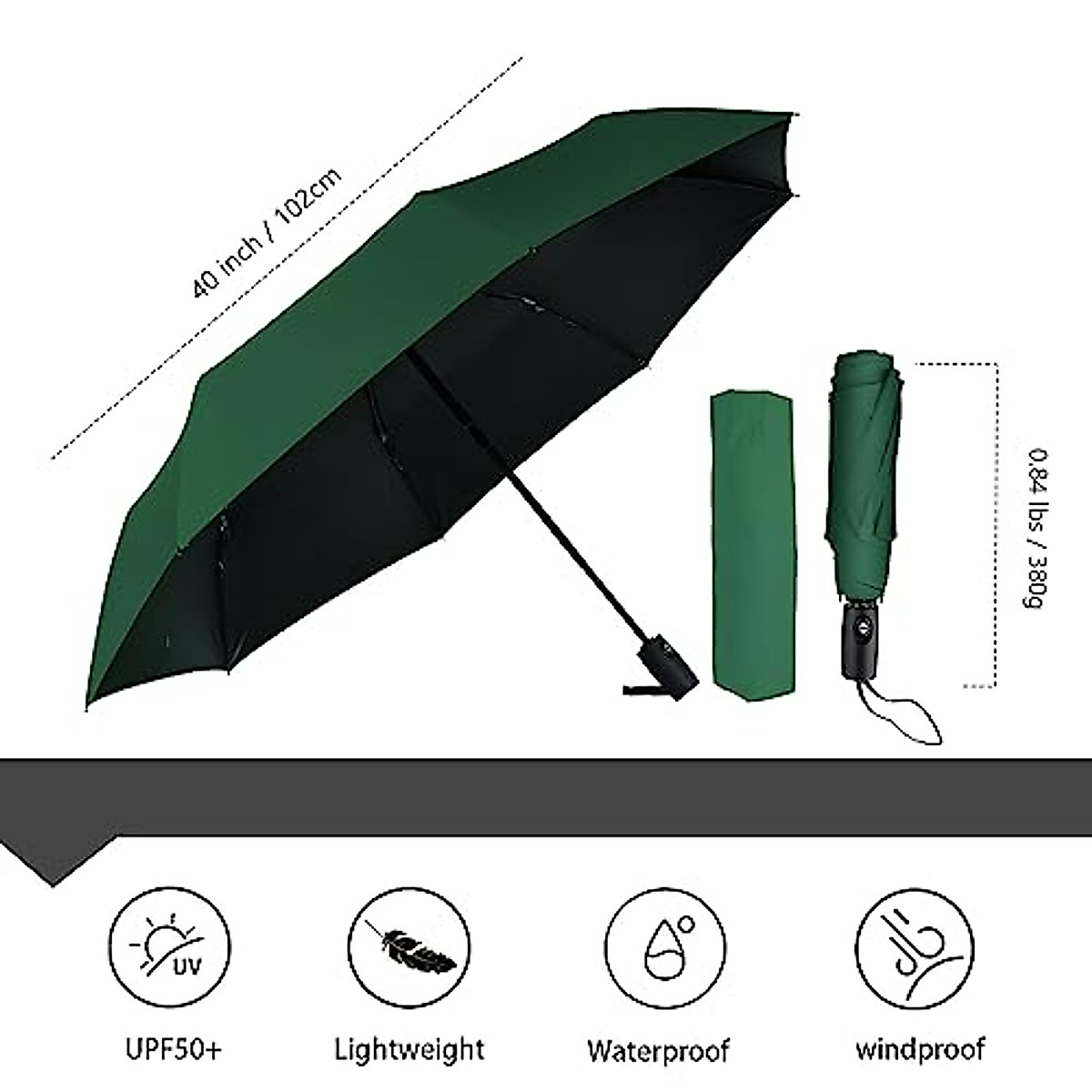ALFROTEY Compact Travel Umbrella for Rain Portable Automatic Open and Close Windproof Sun Umbrella UV Protection Lightweight Small Folding Car Umbrella for Women and Men (Green, L)