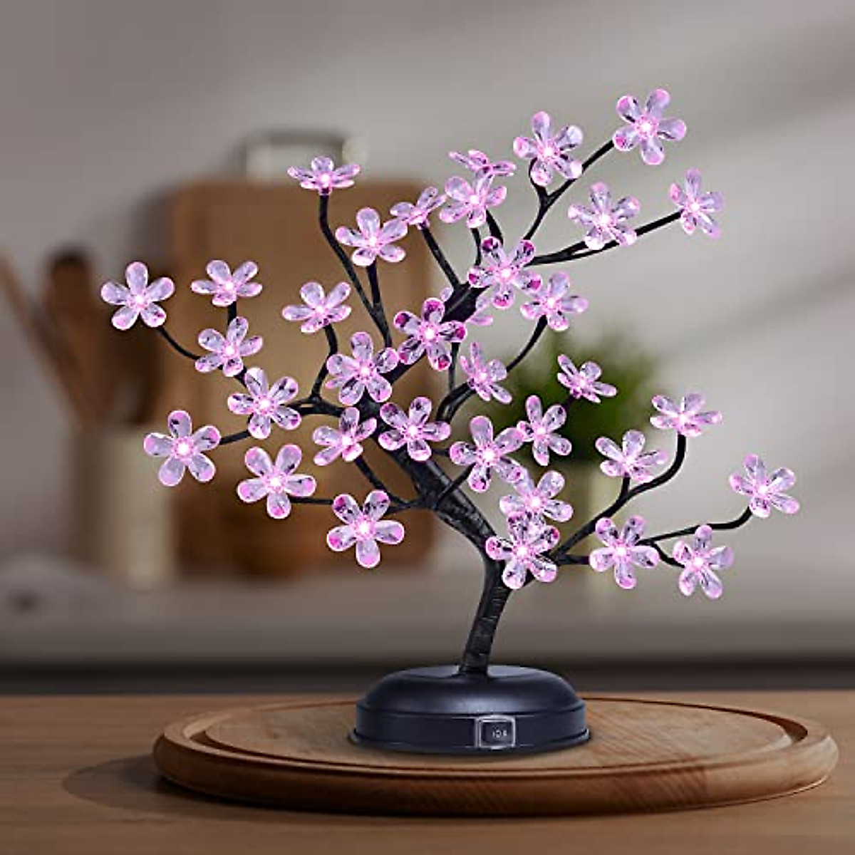 LIGHTSHARE 18-inch Crystal Flower LED Bonsai Tree, Pink Light, 36 LED Lights, Battery Powered or DC Adapter(Included), Built-in Timer