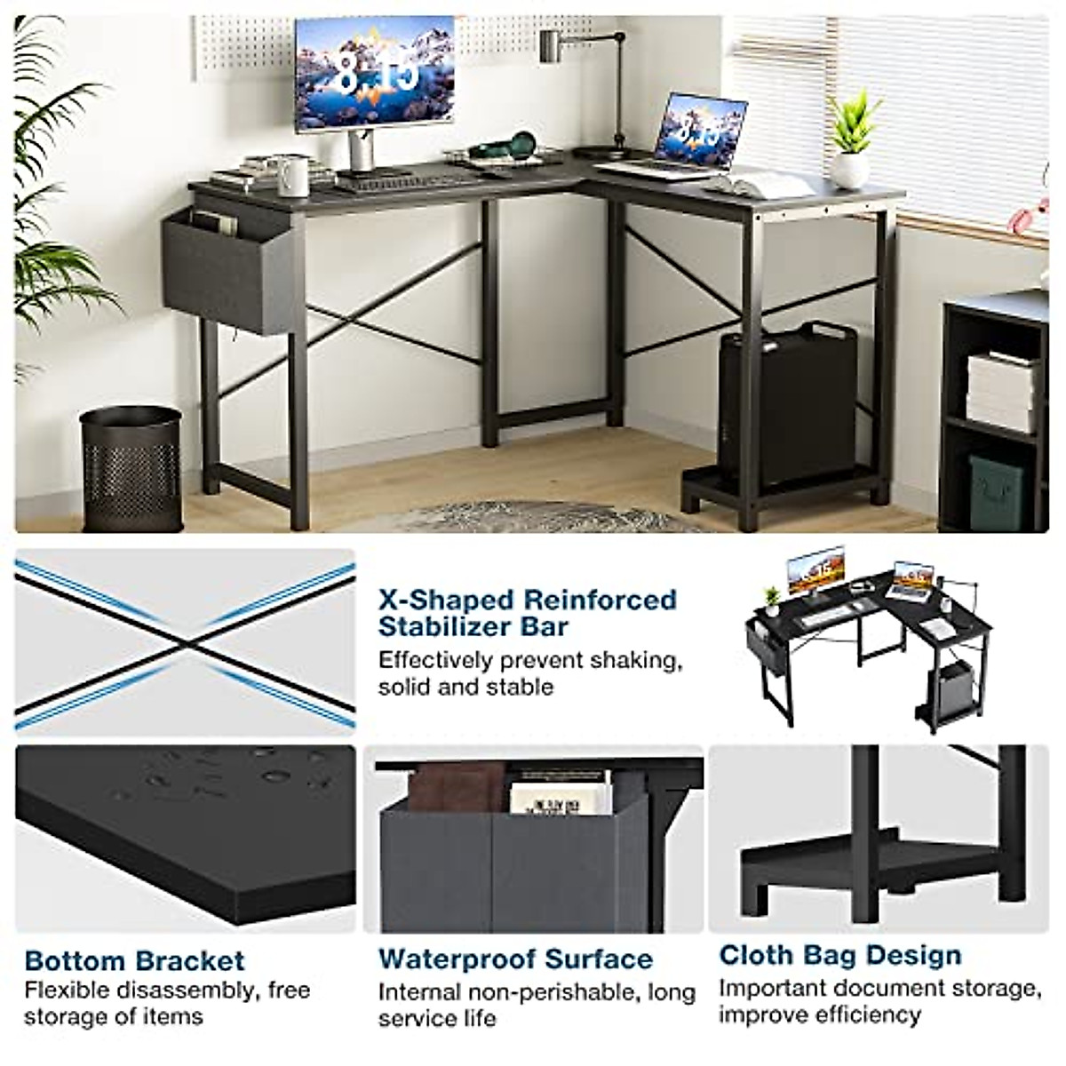 Computer Desk - 49 Inch L Shaped Desk Office Desk with Reversible Storage Shelf and Cloth Bag Home Office Corner Desk Modern Style Laptop Desk for Home, Office, Gaming Location