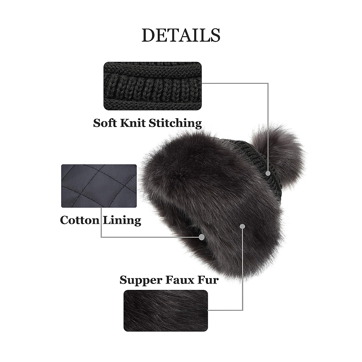 Soul Young Women's Faux Fur Hat Black Russian Cossack Knit Pompom Ski Snow Cap for Winter White(One Size,Dark Grey)