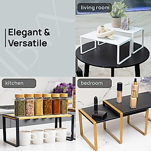 Ibyx Premium Kitchen Cabinet Organizer Shelf - Set of 3 Kitchen Counter Shelves - Stackable Shelf Racks for Cabinets - Metal Frame & Engineered Wood (Natural Wood, Black Frame)