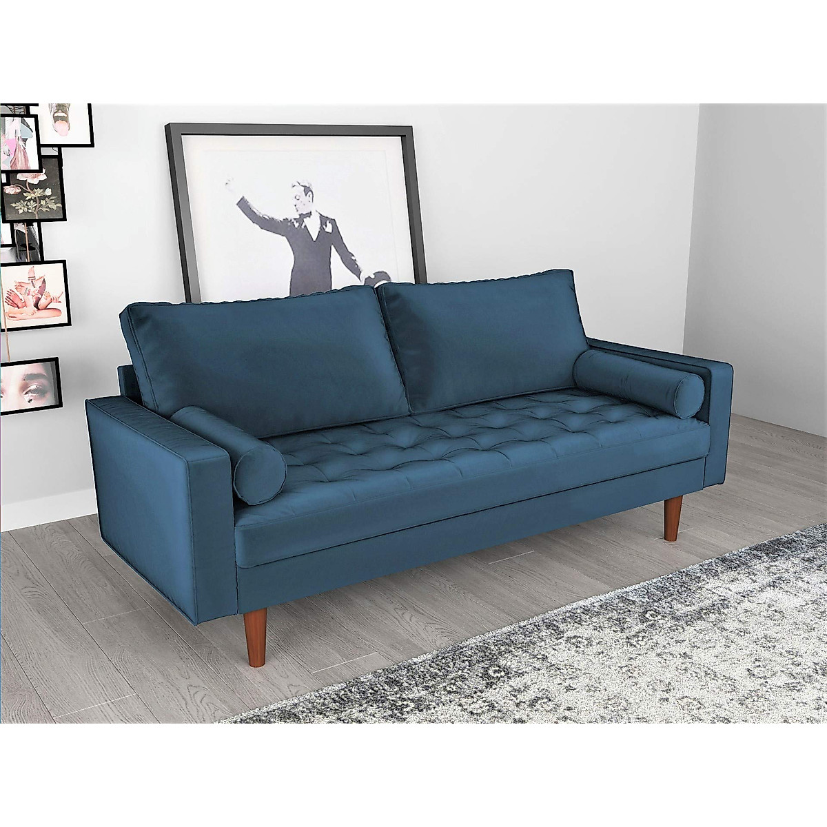 Container Furniture Direct S5456 Mid Century Modern Velvet Upholstered Tufted Living Room Sofa, 69.68", Prussian Blue