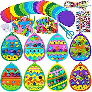 24 Sets Easter Egg Ornaments Decorations DIY 3D Easter Craft Kits Assorted Foam Easter Egg Shaped Ornaments Easter Stickers Pom-poms for Kids Party Favors Easter Spring Classroom Activity Art Project