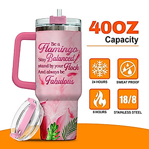 Tumbler 40 Oz With Handle Lid And Straw, Flamingo Tropical, Adults Tumblers Modern Red Quartz Simple Stainless Camelia Primrose Rose Women Funny Glitter Steel, Flamingo Gifts