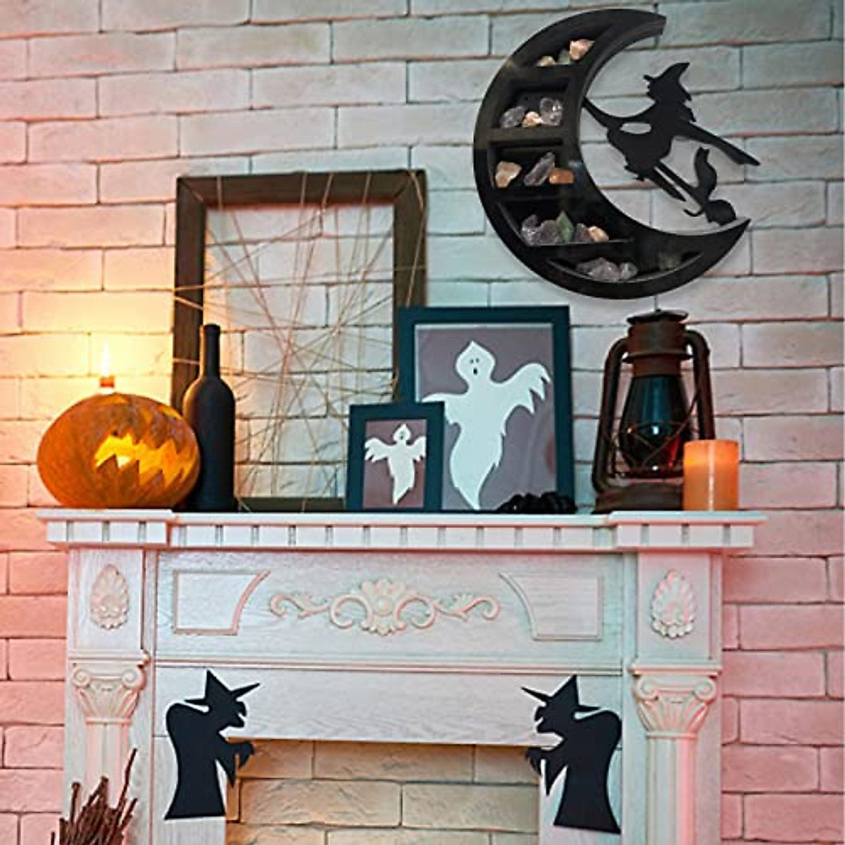 A/R Witch on The Moon Crystal Shelf, Wooden Crystal Display Shelf PVC Moon Shelf Black Witch Design Crystal Display Shelf Gothic Decorations for Living Room