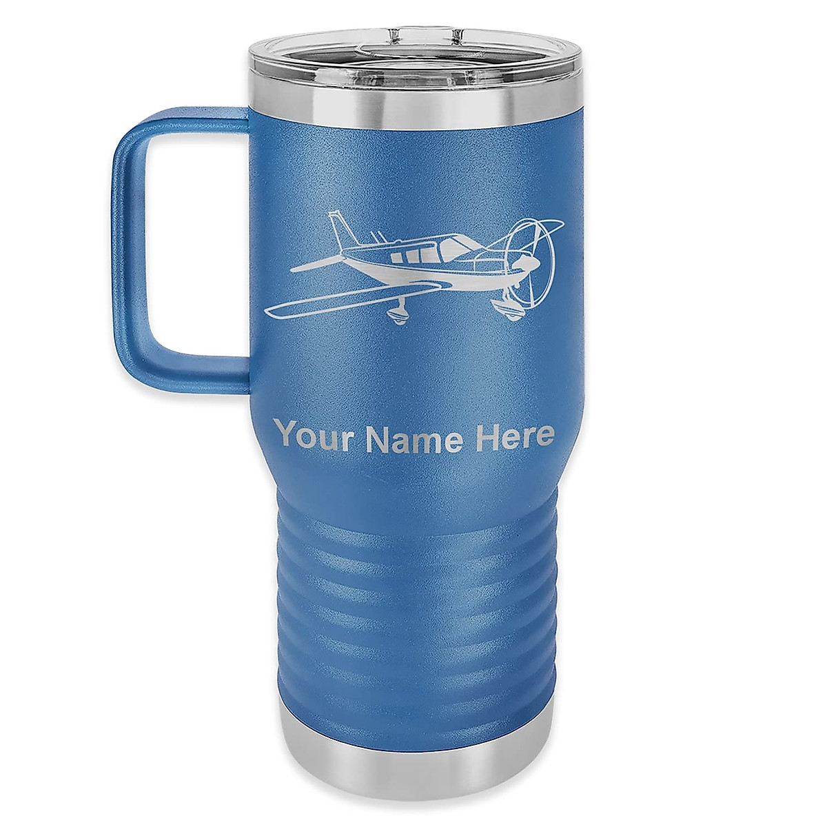 LaserGram 20oz Vacuum Insulated Travel Mug with Handle, Low Wing Airplane, Personalized Engraving Included (Dark Blue)