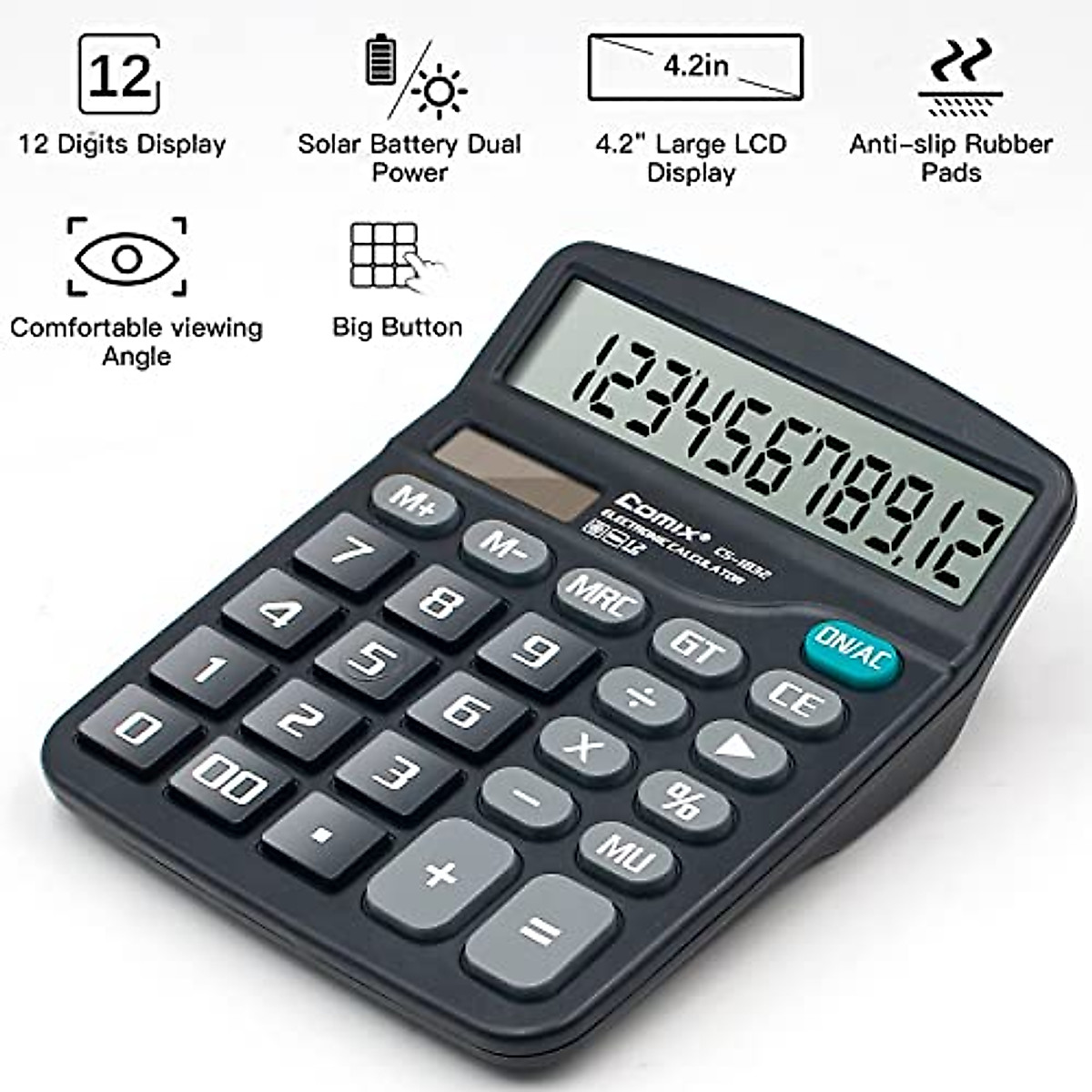 Comix Desktop Calculator 12 Digit with Large LCD Display and Big Button, 12 Digits Baisc Calculator, Solar Battery Dual Powered, for Office Home School C-1832 (Black)