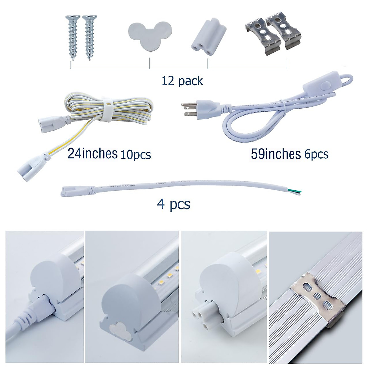 Greess 12 Pack LED T8 Shop Light 2FT 10W 6000K Daylight White Linkable LED Integrated Tube Lights with Clear Cover, LED Bar Lights for Garage,Workshop,Workbench with On/Off Plug Cord