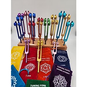 YANTRA 17 Set Solfeggio and Chakra Weighted Tuning Fork Set for Biofield Therapy Sound Healing with 24 Hole WOODEN STAND (SOL-02)