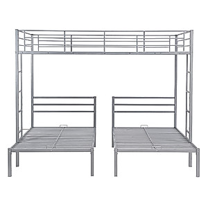 RUNWON Meta L Shaped Triple Bed, Solid Full Over Twin&Twin Bunk Bedframe with Built-in Shelf and 2 Ladders for 3 Kids Teens