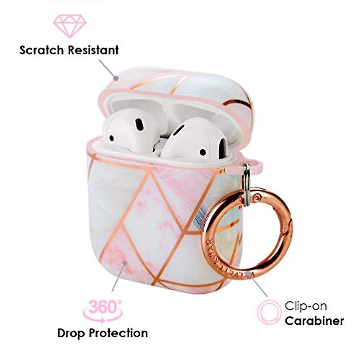 Velvet Caviar Marble AirPod Case for Women & Girls with Keychain - Cute Protective Hard Cases Compatible with Apple Airpods 1/2 (Pink Rose Gold Geometric)