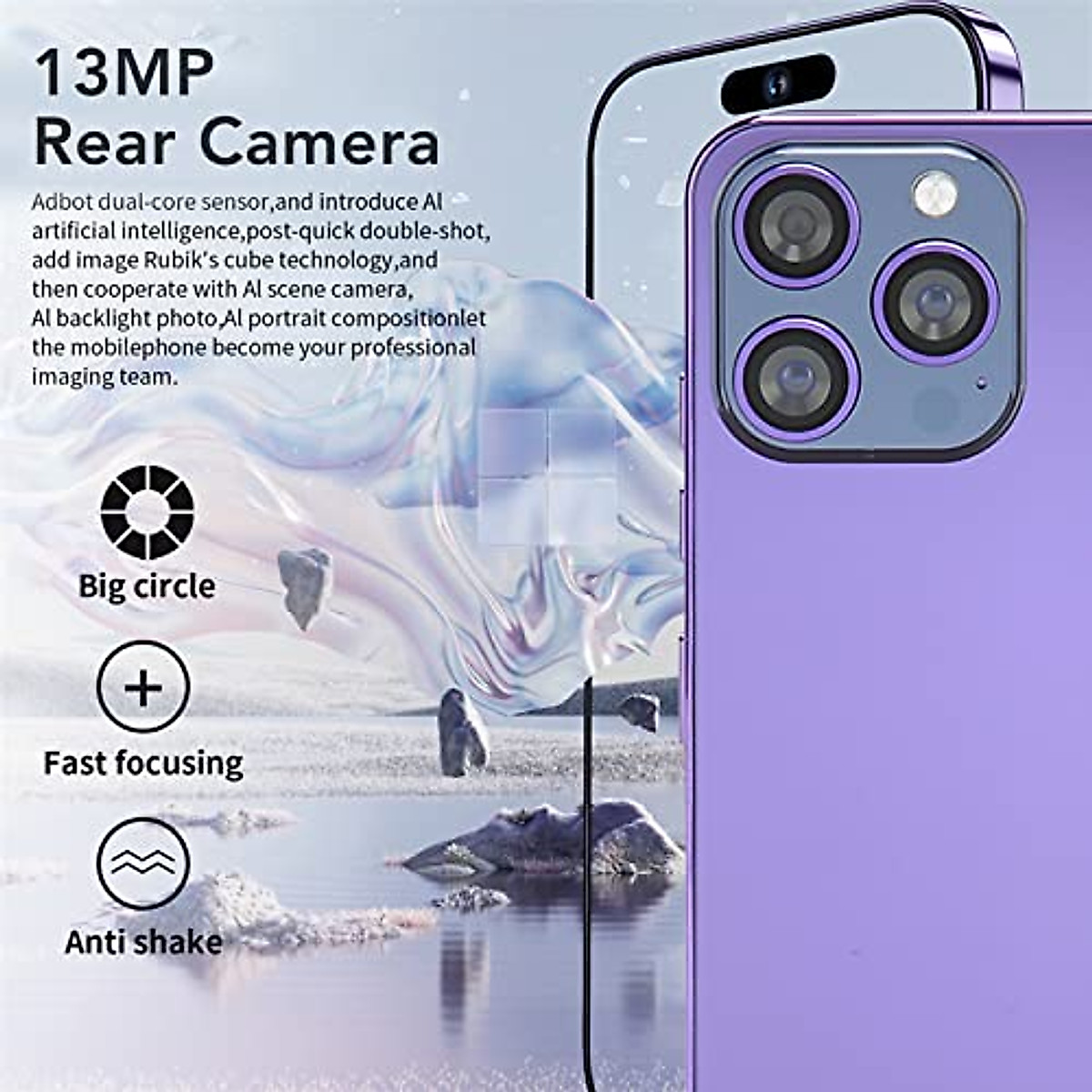 ciciglow 6.5 Inch 3G Mobile Phone, I14 Pro Max Cheap Smart Phone, 4GB RAM 64GB ROM, 5MP+13MP Camera, 2280x3200 Resolution, 5000mAh, Face ID, 5G WiFi, BT, GPS (US) ()