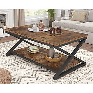 HSH Wood Coffee Table with Storage, Farmhouse Rustic Brown Coffee Table for Living Room, Modern Minimalist 2 Tier Center Table, Simple Rectangle Cocktail Tea Table in Home Office Bedroom, 39 Inch