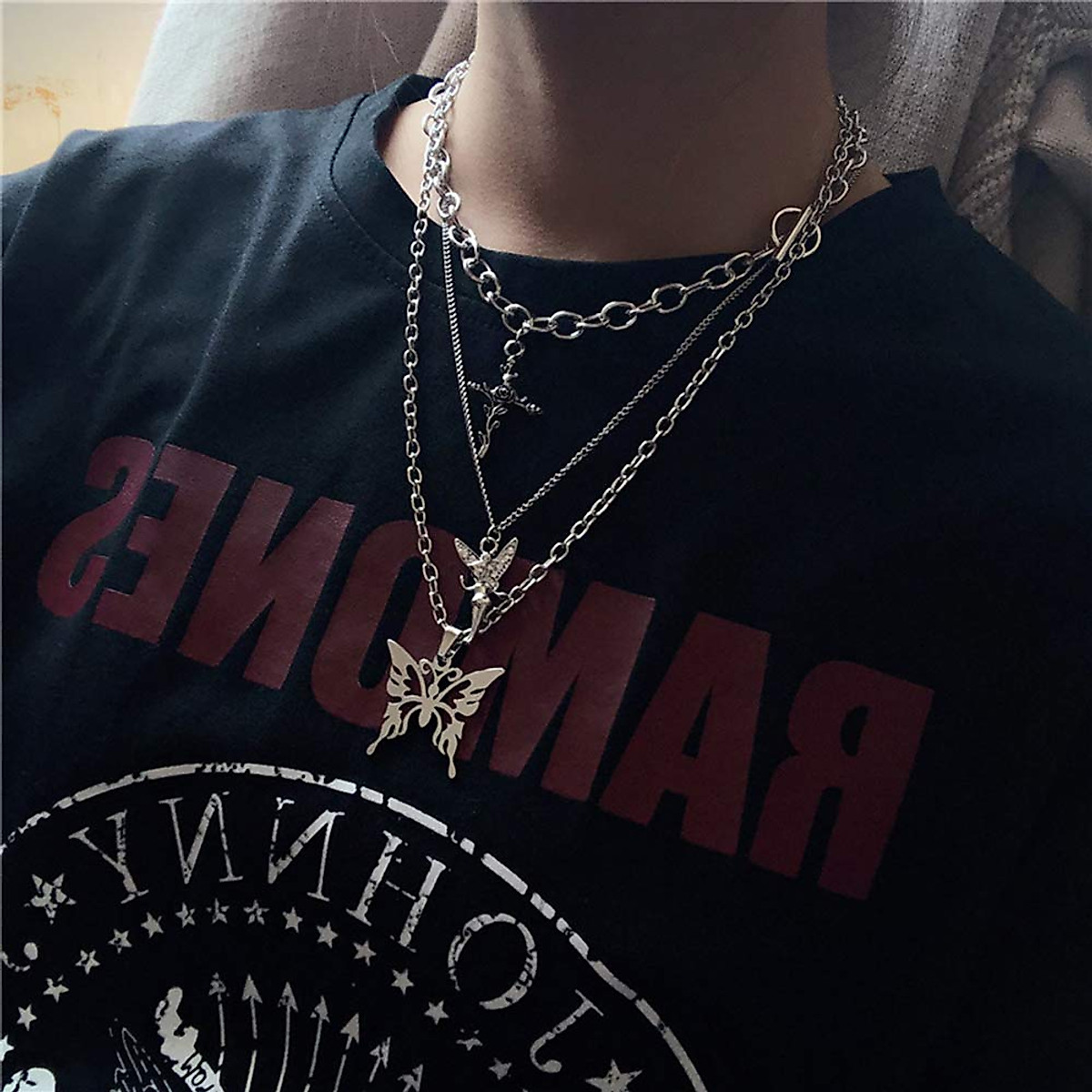 YERTTER Dainty Punk Layering Chunky Chain Choker Toggle Necklace Boho Jewelry Set Layered Butterfly Cross Angel Pendant Statement Necklace Festival Statement Necklace for Women Man