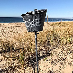 Outdoor Smoke Ashtray, Lidded Bucket on Stake with Prong Post, Garden Party Style, Gray Lacquered Iron, Rustic and Weathered Patina, 6 D x 43 1/4 H Inches