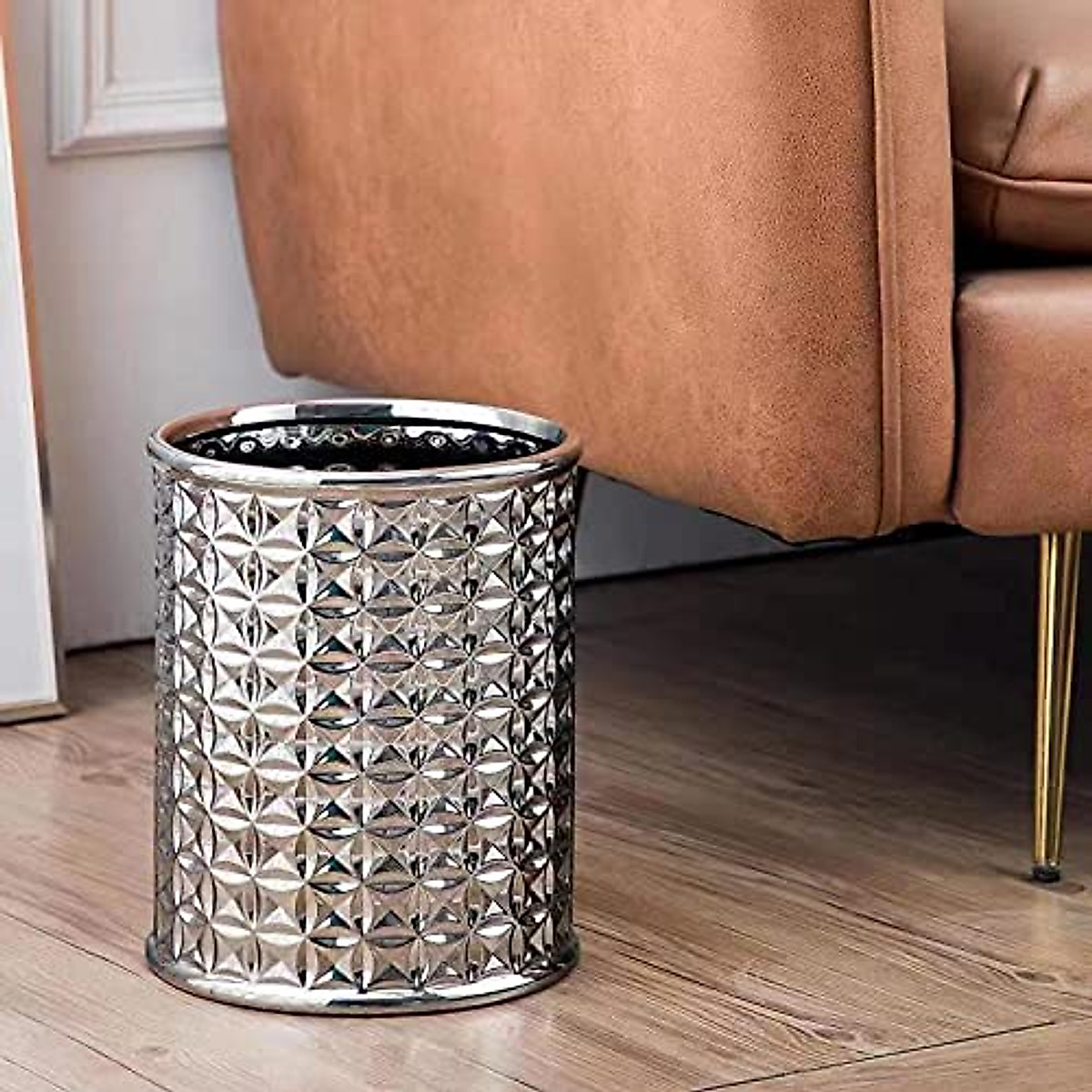 Round Silver Trash Can, Small Wastebasket, Garbage Receptacle Bin for Bathrooms, Powder Rooms, Kitchens, Home Offices - Durable Ceramics
