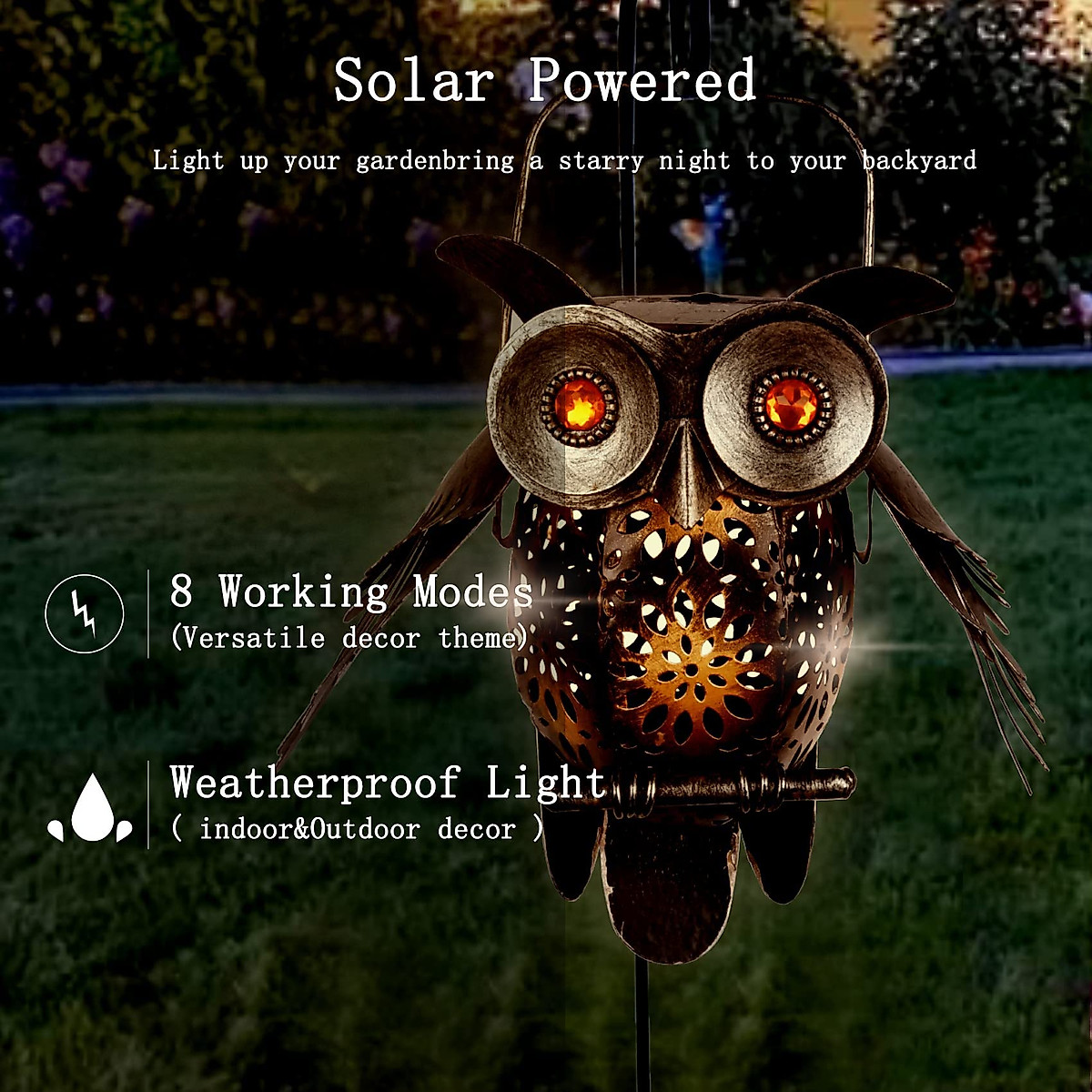 JCWH Fake Owl Solar Light,Auto On-Off Black Metal Waterproof,Animal Statue Decorative with Sheep Hook for Garden Backyard