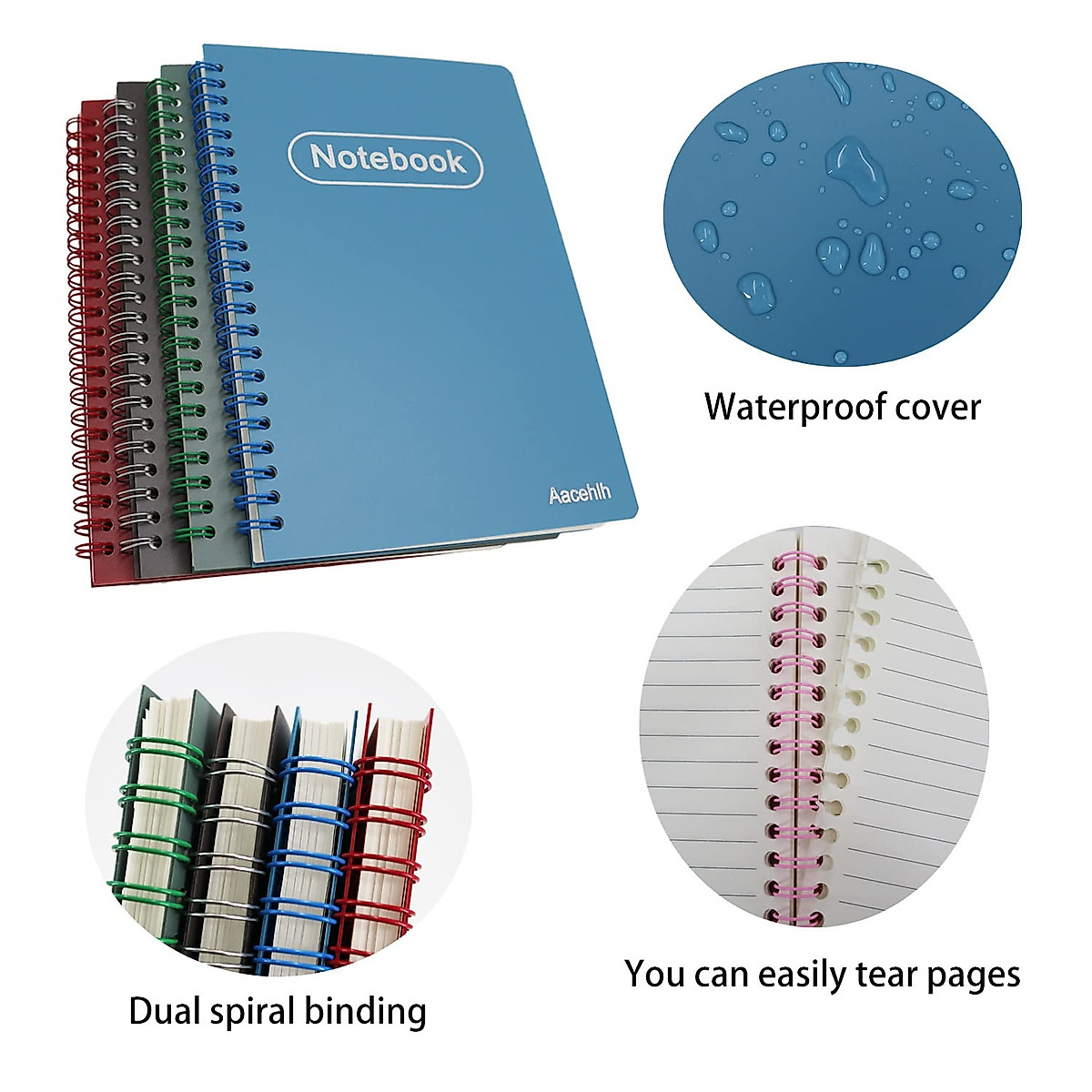 Aacehlh Spiral Notebook Set of 4, A5 College Ruled Lined Journal/Notebook,5.7'' x 8.3'',80 Sheets Per Notebook,Writing Journals for Work, Office & School Supplies. (Blue,Brown,Green,Wine red)