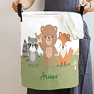Woodland Animals Personalized Laundry Hamper Basket with Handle for Clothes Waterproof , Custom Collapsible Drawstring Basket Storage Foldable for Bathroom Toy