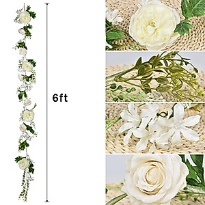 Lvydec 2 Pack Artificial Peony Flower Garland - 6ft Silk Peony White Flower Garland Arch Flower Vine for Wedding Party Table Decoration (2, White)