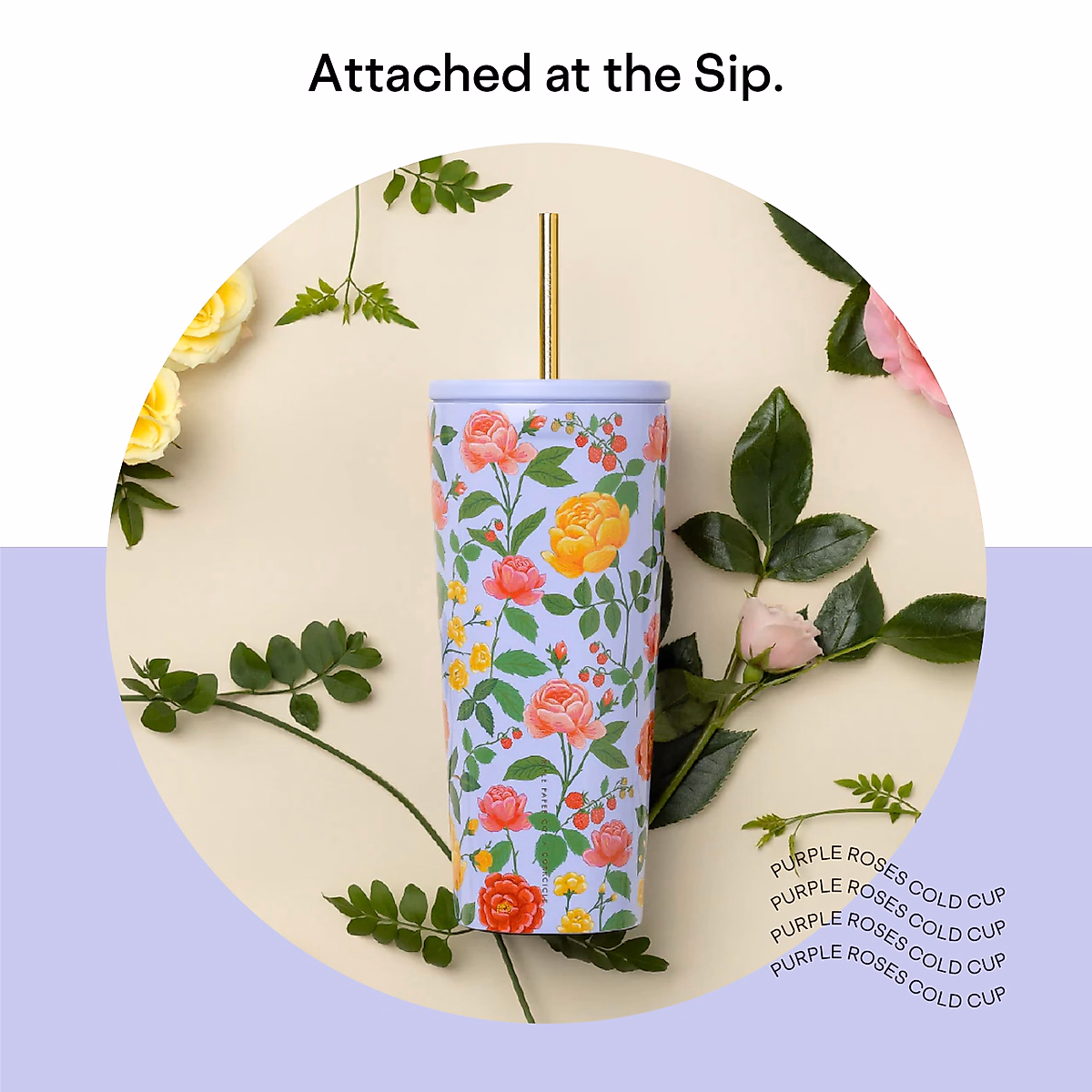 Corkcicle x Rifle Paper Co. Cold Cup Insulated Tumbler with Lid and Straw, Roses Purple, 24 oz – Reusable Water Bottle Keeps Beverages Cold for 12hrs, Hot 5hrs – Cupholder Friendly, Flexible Sip Lid