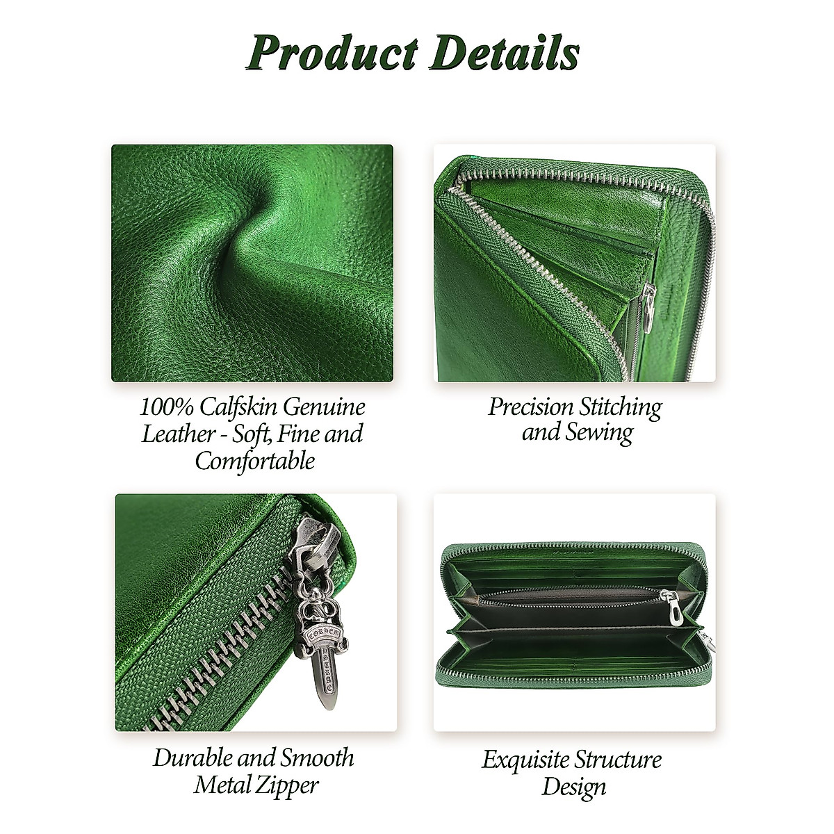 WILD WORLD Designer Emerald Green Calfskin Soft Leather Wallets for Ladies, Large Capacity Clutch Purse for women With Gift Box