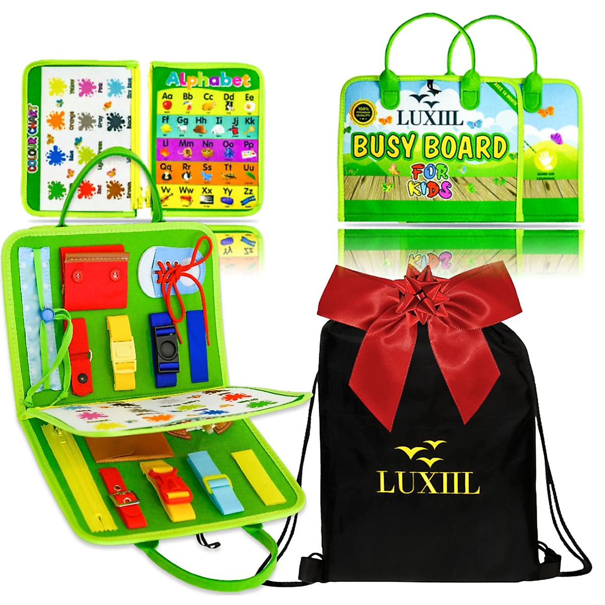 LUXIIL Busy Board Montessori Toys for Toddlers 3in1 Gifts for 1 2 3 4 5 Year Old Boys & Girls, Preschool Sensory Activity Boards Travel Boards Learning Basic Dress Skills Toys for Plane & Car (Green)