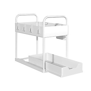 LONONE Under Sink Organizers and Storage Kitchen Under Sink Caddy Kitchen Sink Organizer 2 Tier Bathroom Organizer Under Sink Shelf,White