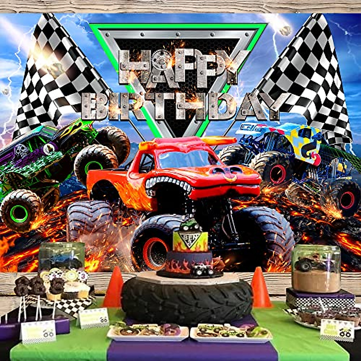 Newsely Truck Themed Birthday Party Backdrop 7Wx5H Monster Boys Kids Happy Birthday Background Photography Jam Burning Flame Car Grave Digger Party Decorations Banner Photo Booth Props Supplies