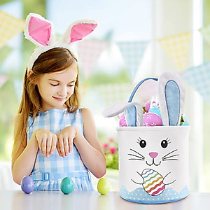 Easter Basket for Kids, Easter Egg Bag with Bunny Ears, Easter Canvas Tote Bag Candy Gift Bag, Easter Bunny Bucket Easter Egg Hunt Game Party Gift (Blue)