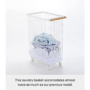 Yamazaki Home Wire Slim Saving Rolling Wheeled Clothing Hamper | Steel + Wood | Laundry Basket, One Size, White & Tower Sanitary Step Trash Can, One Gallon ?€? Small Home Waste Bin