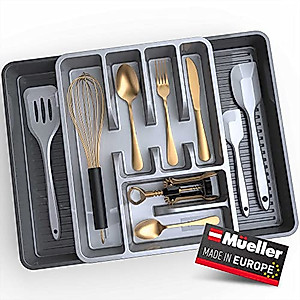 Mueller Large Flatware Kitchen Drawer Organizer, Expandable 19.7" x 15" Silverware Organizer, 6 Compartments, Heavy-Duty, Cutlery Tray for Utensils or Stuff, Dining Room, Living Room, Grey
