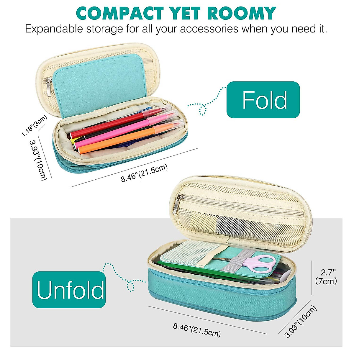 MoKo Big Capacity Pencil Pen Case, Large Capacity Storage Bag Pouch Box Makeup Pen Bag Cosmetic Bag Stationery Organizer Storage with Zippers for Office/School Supplies - Beige & Blue