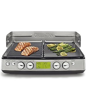 GreenPan Elite XL Smoke-less Grill and Griddle, Healthy Ceramic Nonstick Interchangeable/Removeable Cast Aluminum Plates, Indoor BBQ Sear Sizzle, LCD Display, Splash Guard, Drip Tray, PFAS-Free, Black
