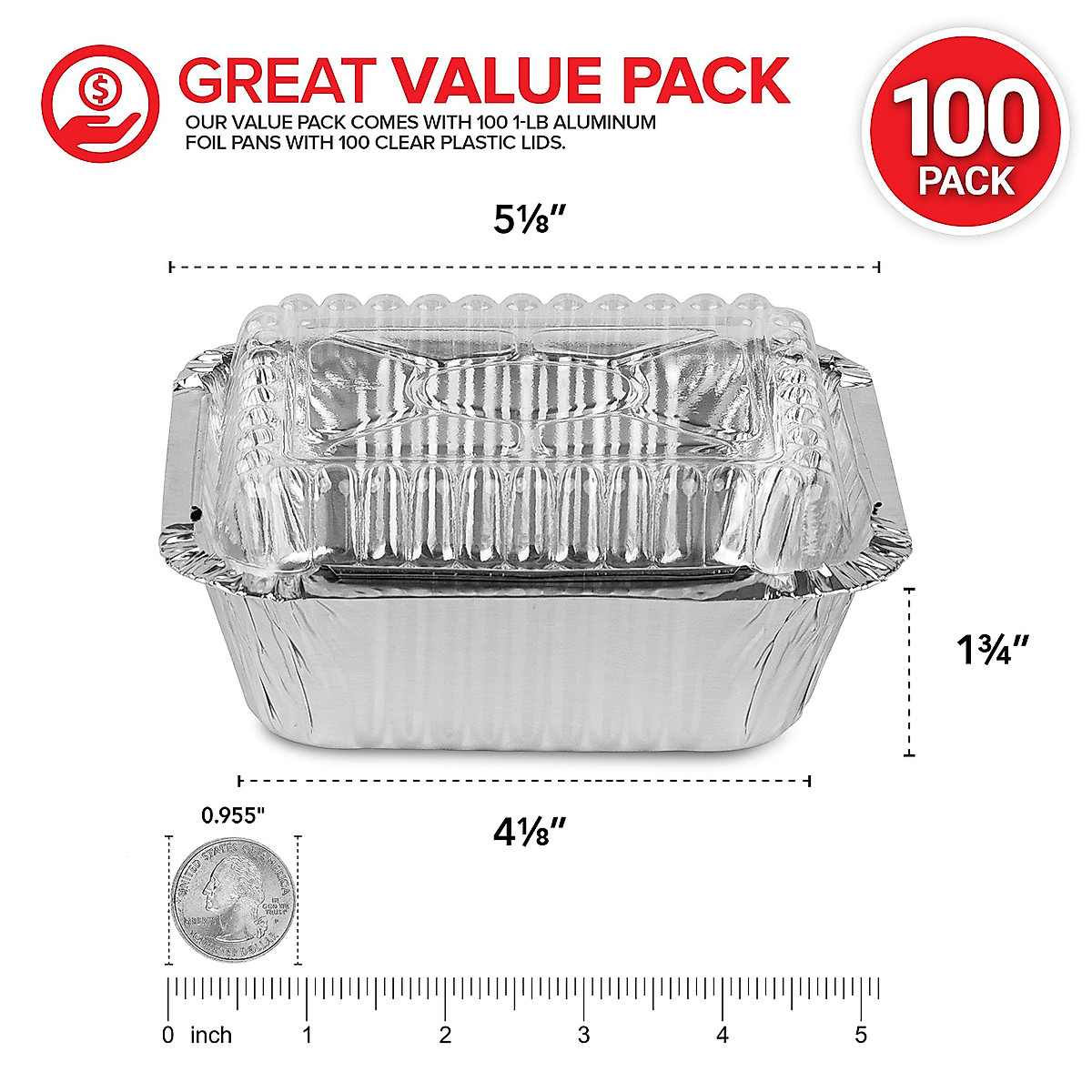 Stock Your Home 1 Lb Small Aluminum Pans with Lids (100 Pack) Foil Pans + Clear Plastic Lids, Disposable Cookware, Takeout Trays with Lids - To Go Disposable Food Containers for Restaurants & Catering