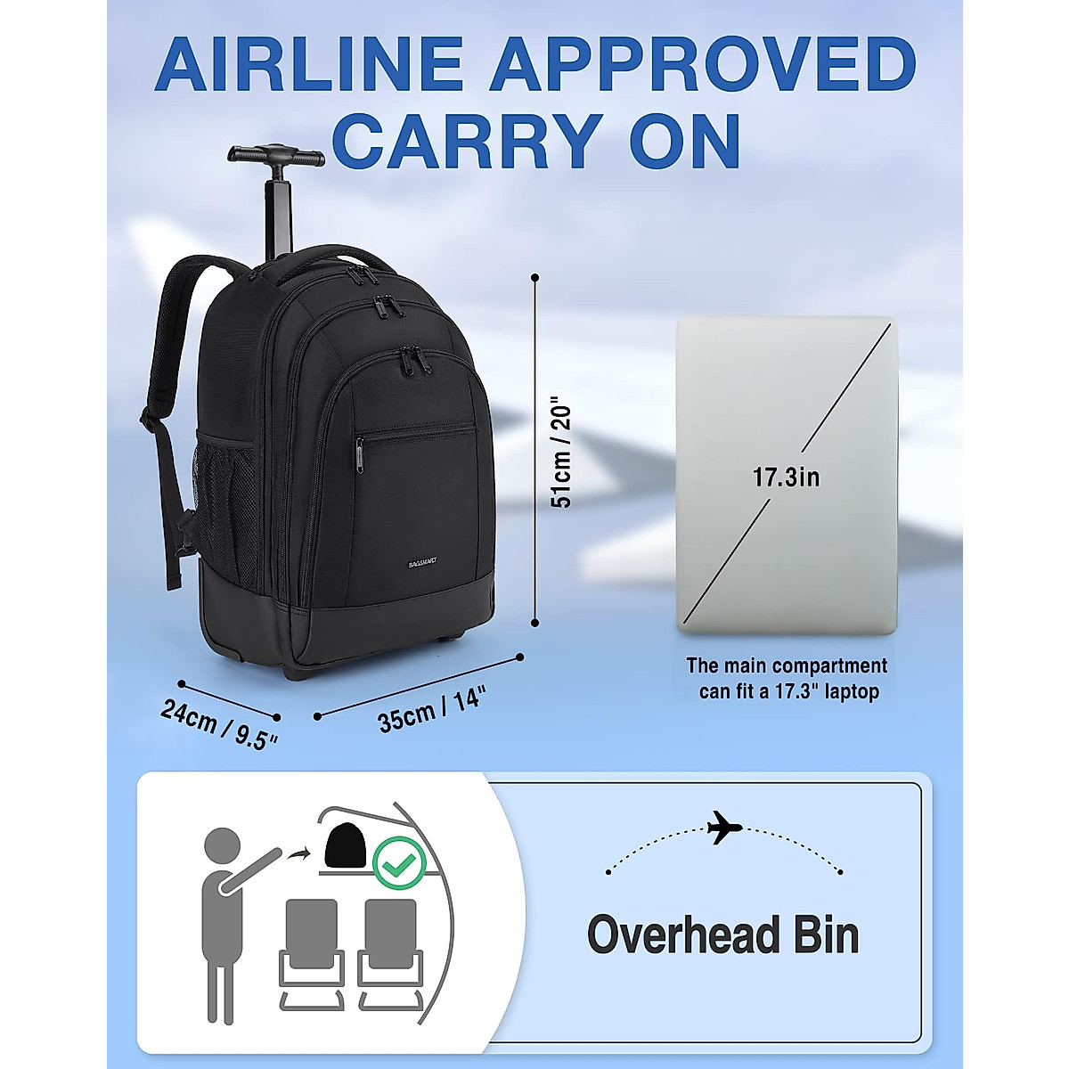 BAGSMART Rolling Backpack for Business, 17 Inch Laptop Backpack for Men Women Girl, Water Resistant Wheeled Travel Backpack for Luggage, College Student Computer Bookbag for School Work, Black