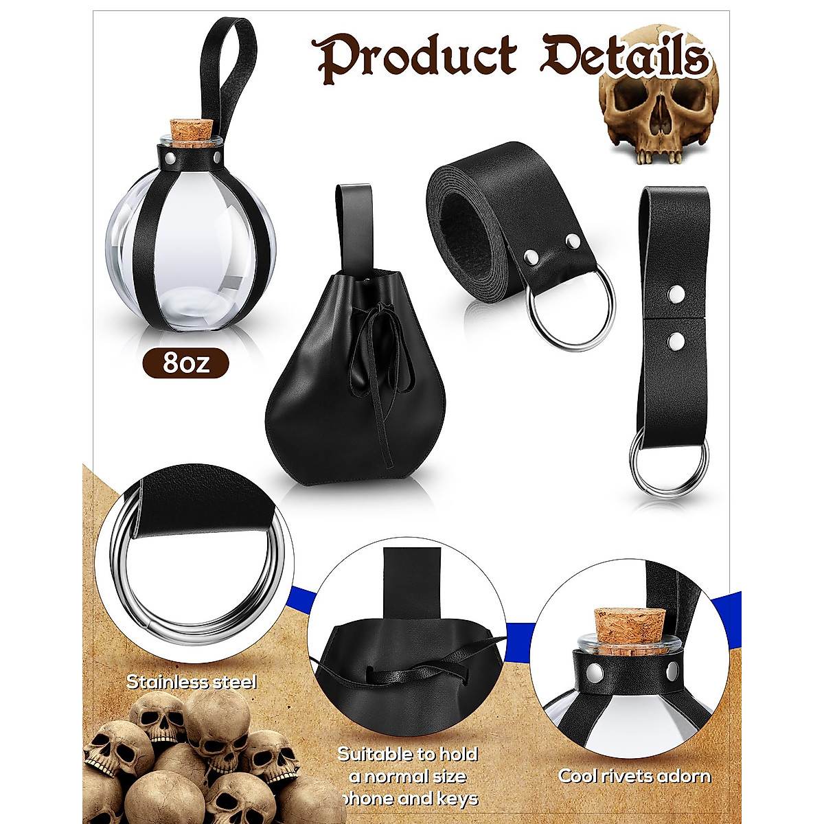 Dunzy 4 Pcs Renaissance Costume Accessories Medieval Belt Skirt Hikes Viking Leather Belt Potion Bottles(Black)