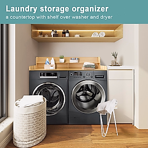 HUDABAIDI Wooden Laundry Countertop with Shelf, 54" x 27.5" Organizer Countertop Storage Over Washer and Dryer for Laundry Room Waterproof Surface, Universal Fit, Edge Guard (Burlywood, 54X27.5IN)