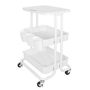 3 Tier Rolling Storage Cart with Table Top & Hanging Cups Utility Organizer Cart for Kitchen Bathroom Classroom, White