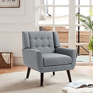 UIXE Comfy Arm Accent Chairs for Bedroom, Mid Century Modern Armchair Living Room Sofa Chair with Wooden Legs, Linen Fabric Button Tufted Upholstered Reading Chair for Home Office (Gray)